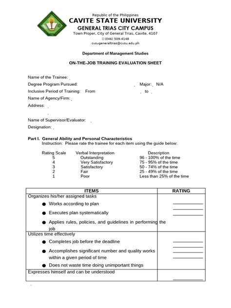 Cvsu Ojt Evaluation Sheet Pdf Skill Procedural Knowledge