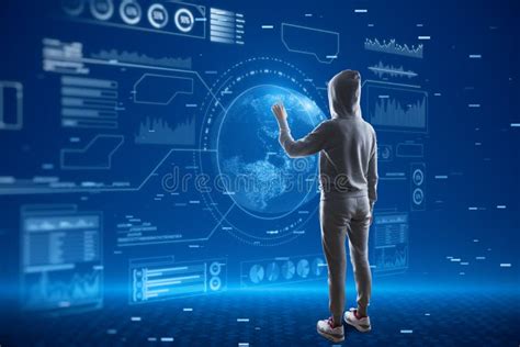 Hacker In Hoodie Using Abstract Glowing Digital Business Interface With Globe And Various Other