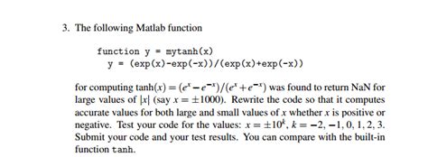 Solved The Following Matlab Function Function Y Mytanhx