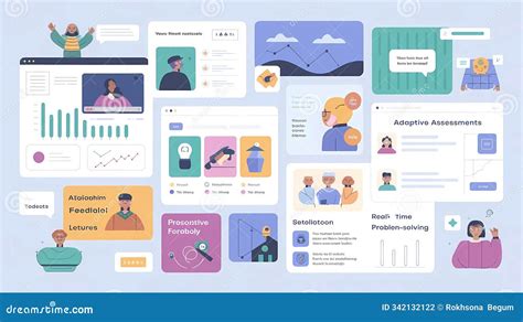 Colorful Illustrated Dashboard With Diverse Avatars And Analytics Stock