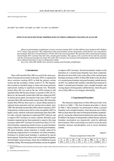 Pdf Effects Of Grain Boundary Morphologies On Stress Corrosion Cracking Of Alloy 600