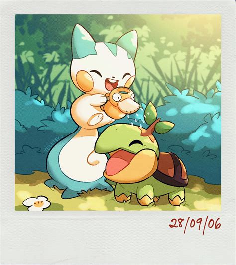 Teletelo Pachirisu Psyduck Turtwig Nintendo Pokemon Highres D Artist Name Bush Closed