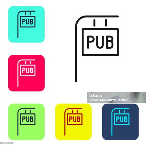 흰색 배경에 격리 된 비문 펍 아이콘블랙 라인 스트리트 간판 광고 바 카페 레스토랑에 적합합니다 색상 정사각형 단추로 아이콘을 설정합니다 벡터 일러스트레이션 0명에 대한