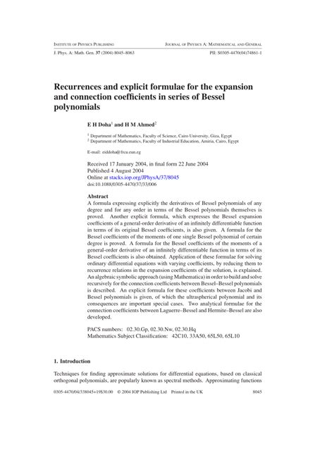 Pdf Recurrences And Explicit Formulae For The Expansion And Connection Coefficients In Series