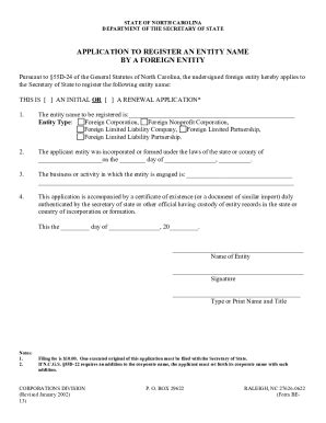 Fillable Online Application To Register An Entity Name By A Foreign Entity Fax Email Print