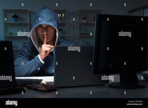 Hacker Hacking Computer At Night Stock Photo Alamy