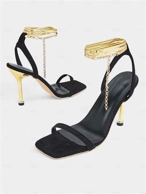 Womens Black Suede Stiletto Heels With Gold Wrap Around Ankle Straps