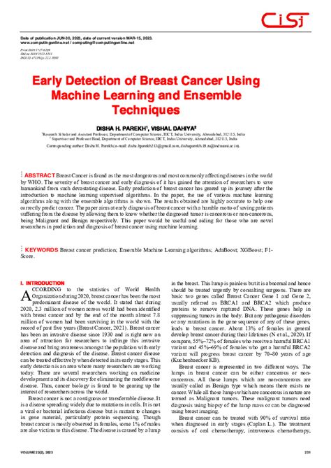 Pdf Early Detection Of Breast Cancer Using Machine Learning And Ensemble Techniques