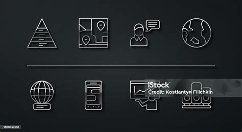 라인 피라미드 차트 인포 그래픽 전세계 지구 지구 교육 프리젠 테이션 채팅 메시지 전화 위치가있는 접힌지도 랭킹 스타 및 말풍선 채팅 아이콘을 설정합니다 벡터 1위에 대한