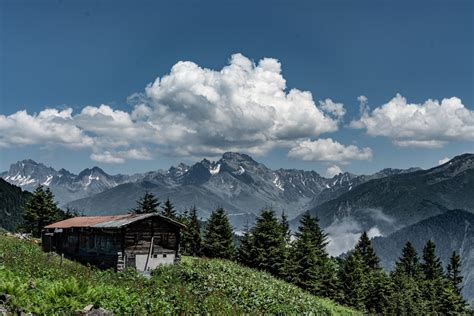 경치 고독 고요한 골짜기 광야 구름 그림 같은 나무 녹지 농촌 지역 때묻지 않은 러스틱 모험 목가적 인 목가적인 목조 오두막 산 소박한 집