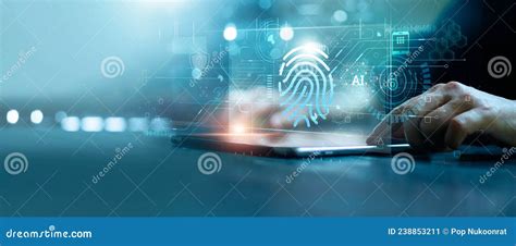 Businessman Using Tablet And Fingerprint Scanning Unlock And Access To Business Data Network