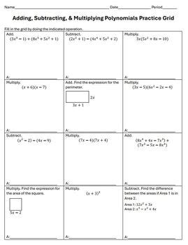 Adding Subtracting Multiplying Polynomials Practice Grid TPT