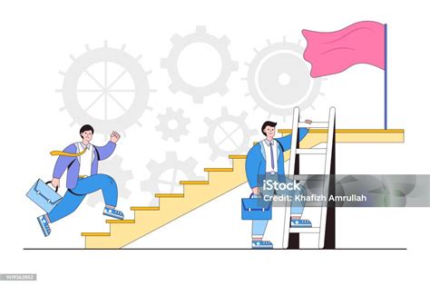쉽게 또는 바로 가기 방법으로 승리 목표를 달성하기위한 전략 경력 목표 개념에 도달하기위한 효율성 솔루션 계단을 걷는 사업가는 사다리를 사용하여 성공 경로를 자르는 똑똑한