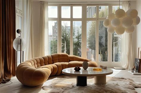 Living Room With Large Windows And A Brown Tufted Sofa In The Style Of Soft And Rounded Forms