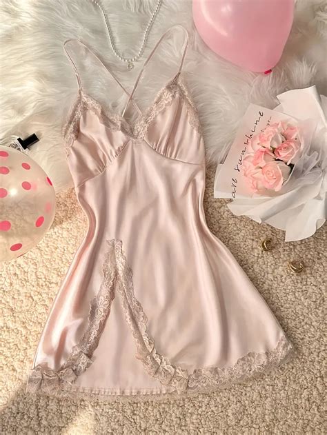 Lace Trim Leopard Nightdress V Neck Backless Side Split Slip Temu