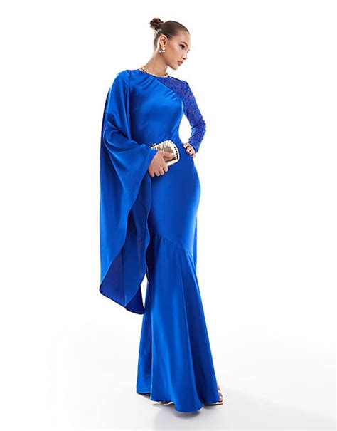Daska Satin Ruffle Sleeve Detail Maxi Dress In Cobalt Asos