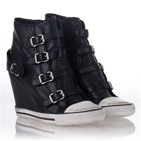 Womens United Wedge Sneaker Black Leather 312180 Black High Top Punk