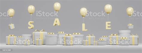 온라인 쇼핑의 3d 렌더링 개념 상업 디자인을위한 회색과 노란색 테마의 배경 상자에서 날아 오는 선물 상자 풍선 및 텍스트 Sale 3d 렌더 3차원 형태에 대한 스톡 사진