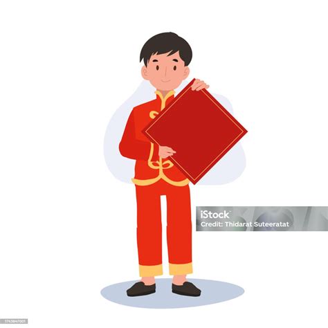 네모난 빨간 종이를 입은 중국 동양 드레스를 입은 행복한 미소 짓는 귀여운 아이 공휴일에 대한 스톡 벡터 아트 및 기타 이미지 공휴일 귀여운 다문화주의 Istock