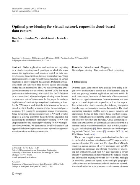 Pdf Optimal Provisioning For Virtual Network Request In Cloud Based Data Centers