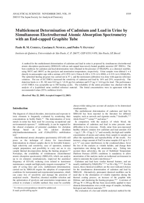 Pdf Multielement Determination Of Cadmium And Lead In Urine By Simultaneous Electrothermal