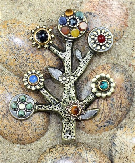 Handmade Tree Of Life Pin With Semi Precious Stones Spiritual And Unique Brooch W Jasper