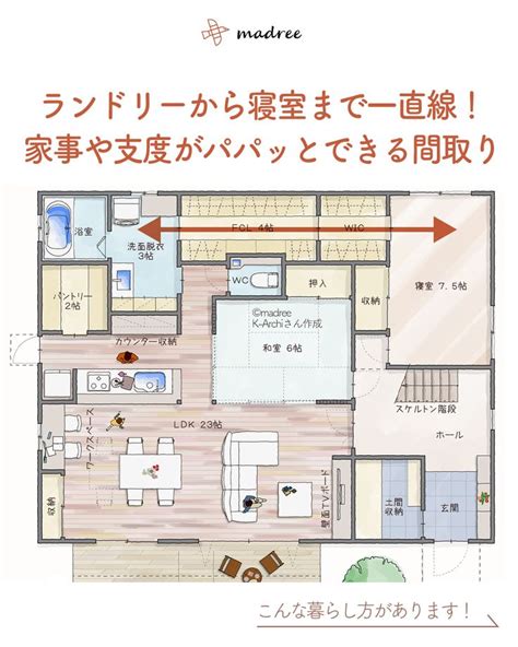 ランドリーから寝室まで一直線家事や支度がパパッとできる間取りmadree 間取り 住宅 間取り リビング 20畳