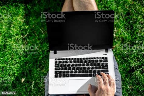 녹색 잔디에 앉아있는 동안 빈 화면으로 노트북을 사용 하 여 사람의 총을 자른 개념에 대한 스톡 사진 및 기타 이미지 개념 공원 기업 비즈니스 Istock