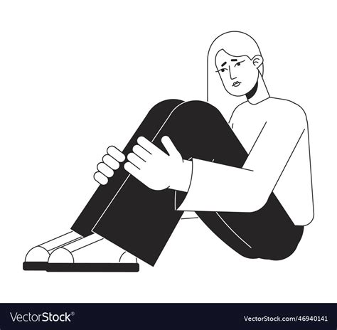 Upset Girl Hugs Knees To Chest Flat Line Black Vector Image