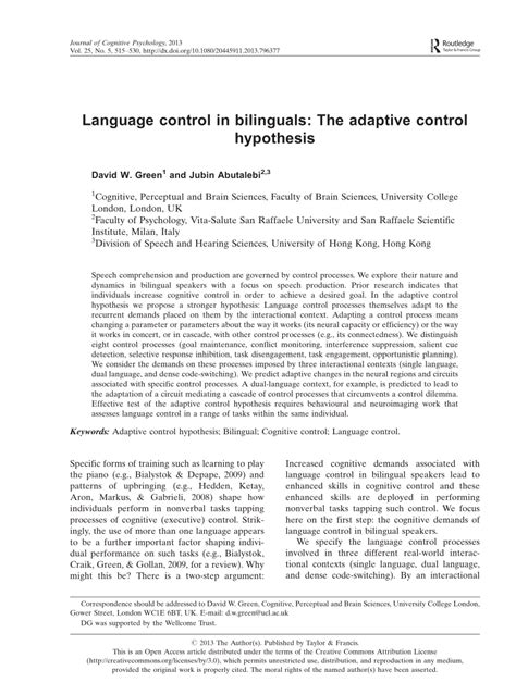 Pdf Language Control In Bilinguals The Adaptive Control Hypothesis