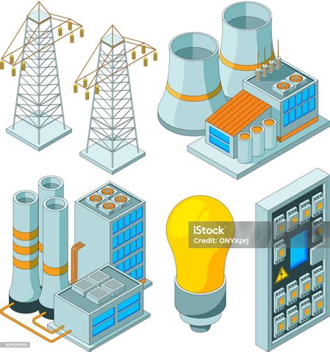 에너지 전기 시스템입니다 전기 조명 도구를 절약 조명 발전기 아이소메트릭 일러스트 벡터 등측투영법에 대한 스톡 벡터 아트 및 기타 이미지 등측투영법 원자력 발전소
