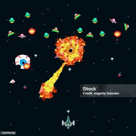 아케이드 복고풍 비디오 게임 8 비트 아케이드 군함 촬영 지도 배경 벡터 그래픽 디자인 일러스트 별빛 아래에서 전투 오래된 컴퓨터 게임 Brand Name Video