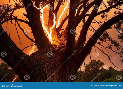 Tree Struck By Lightning In Violent Thunder Storm Stock Illustration