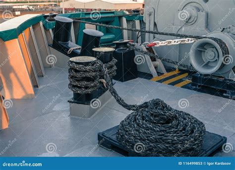 Mooring Equipment Of Ship Mooring Lines Are Fast On Bollards Capstan