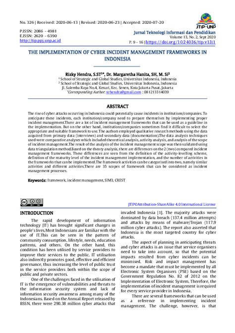 Pdf The Implementation Of Cyber Incident Management Frameworks In Indonesia