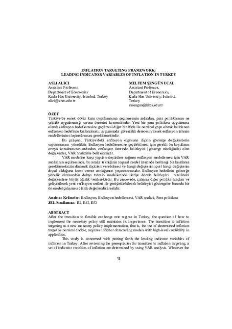 Inflation Targeting Framework Leading Indicator Variables Of Inflation In Turkey