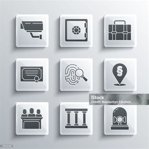 감옥 창 점멸 사이렌 위치 법 지문 배심원 인증서 템플릿 보안 카메라 및 서류 가방 아이콘을 설정합니다 벡터 결정에 대한 스톡 벡터 아트 및 기타 이미지 Istock