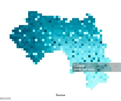 기니지도의 단순화 된 얼음 같은 파란색 실루엣으로 벡터 격리 된 기하학적 일러스트레이션 Nft 템플릿의 픽셀 아트 스타일입니다 디자인을위한 그라디언트 텍스처가있는 점선 로고