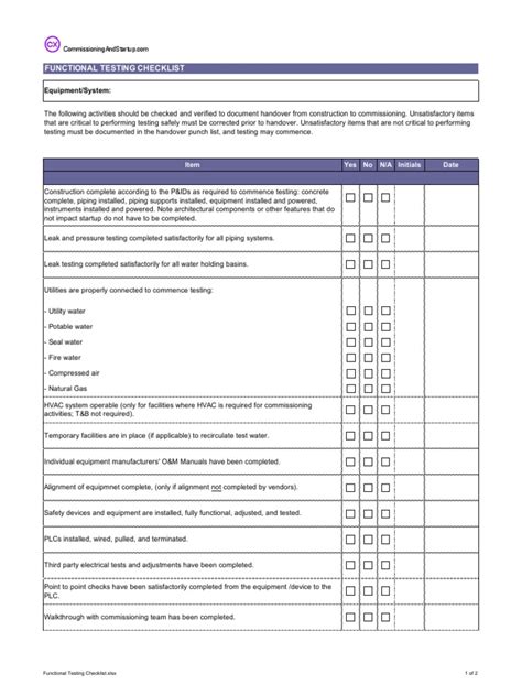 Functional Testing Checklist Equipmentsystem Download Free Pdf Programmable Logic