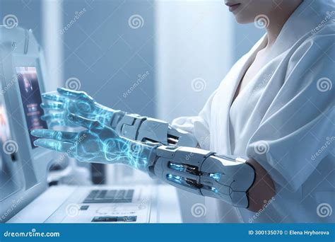 A Healthcare Professional With A Futuristic Robotic Hand Interacting With Medical Equipment