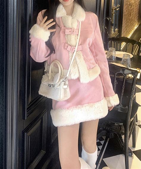 핑크 모피 퍼 자켓 스커트 투피스 세트 에이블리