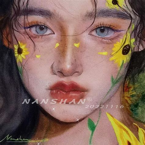 向日葵女孩｜不透明水彩人像南山若尘 站酷zcool