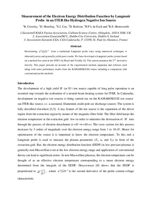 Pdf Measurement Of The Electron Energy Distribution Function By A Langmuir Probe In An Iter