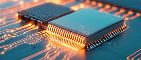 Electronic Chip On Circuit Board With Glowing Light Data Flow On