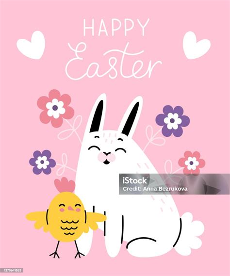 귀여운 흰 토끼와 병아리부활절 카드 비문 행복 부활절 벡터 만화 일러스트레이션 가축에 대한 스톡 벡터 아트 및 기타 이미지 가축 갈란드 장식품 공휴일 Istock