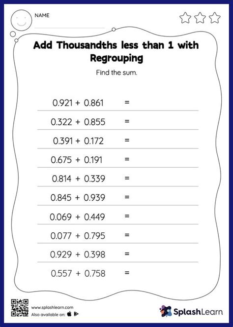 Add Thousandths Less Than 1 With Regrouping Horizontal Addition Math