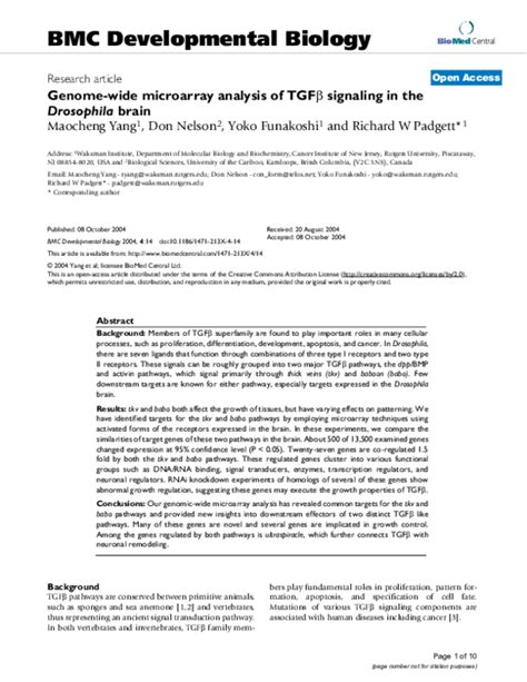 Pdf Genome Wide Microarray Analysis Of Tgfβ Signaling In The Drosophila Brain