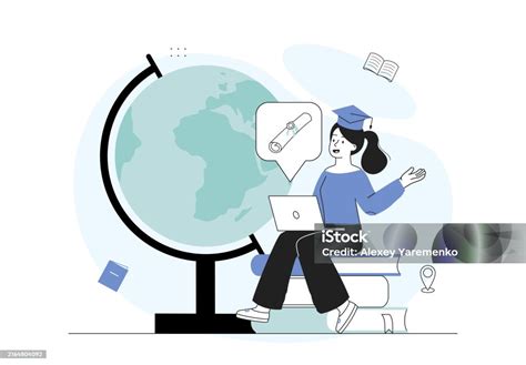 온라인으로 학습하는 여성 노트북을 가진 소녀는 지구 근처의 교과서 더미에 앉아 있습니다 원격 교육 및 훈련 원격 강의를 하는 학생 선형 벡터 그림 가구에 대한 스톡 벡터