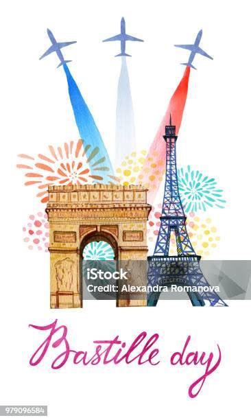 바스티유 데가 프랑스 국가 하루 인사말 카드와 포스터 디자인입니다 손으로 그린 개선문 에펠 탑 프랑스와 불꽃놀이의 국기와 비행기와 수채화 그림 14에 대한 스톡 벡터 아트