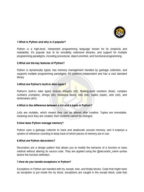 datatypesandoperators interviewques pdf python programming language software engineering